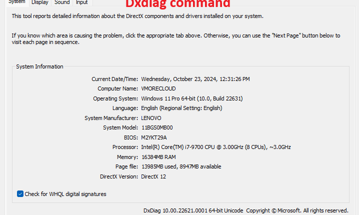 dxdiag command in windows
